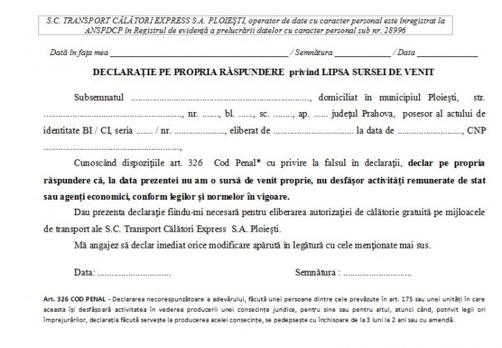 Descarcă de aici declaraţia tip că nu ai venituri, pentru transportul ...