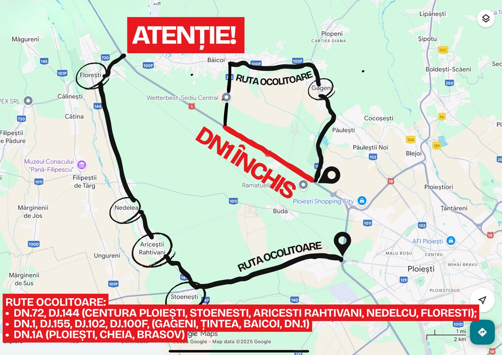 De luni se închide circulația pe DN1-Movila Vulpii. Rute alternative ...